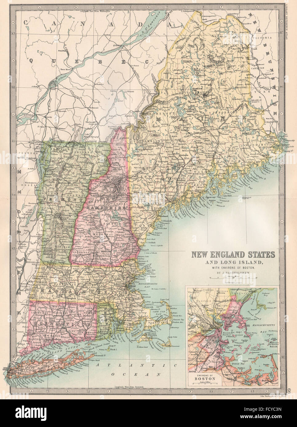 NEW ENGLAND AND LONG ISLAND: Inset, map of Boston harbour. BARTHOLOMEW ...