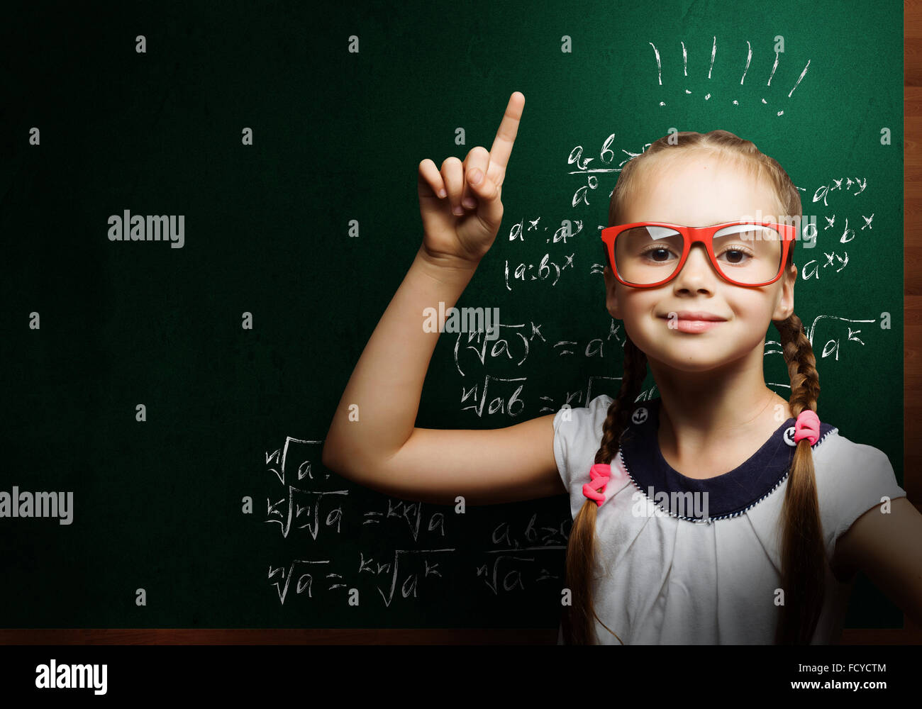 Genius girl in red glasses near blackboard with formulas Stock Photo ...