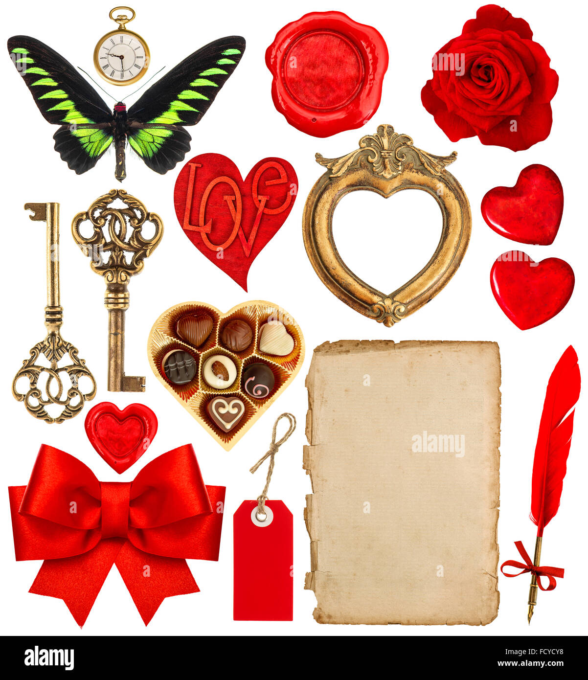 Collection of objects for Valentines Day scrapbook. Paper with pen, red ...