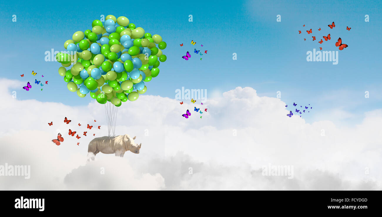Rhino flying high in sky on bunch of colorful balloons Stock Photo - Alamy