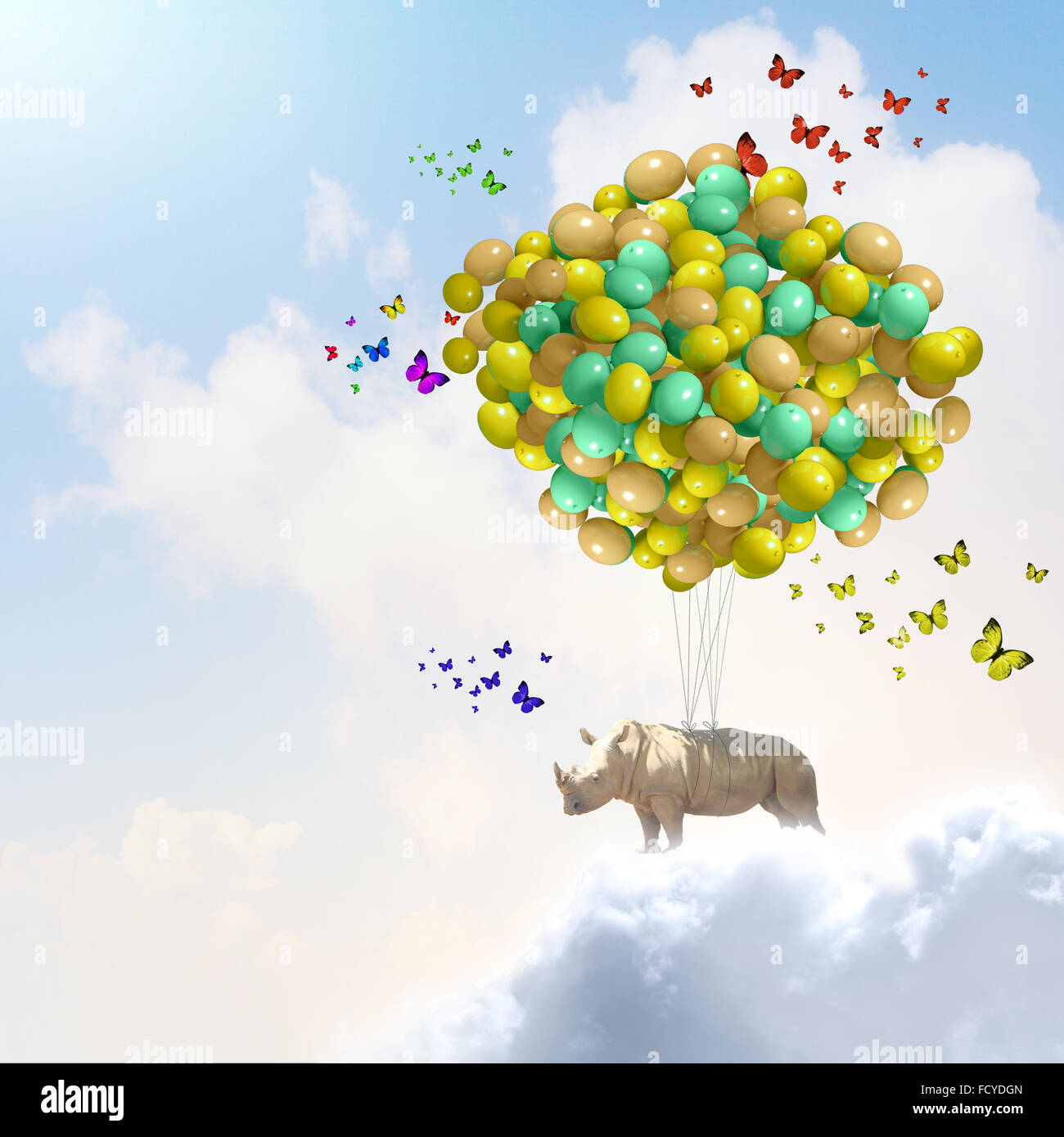 Rhino flying high in sky on bunch of colorful balloons Stock Photo - Alamy