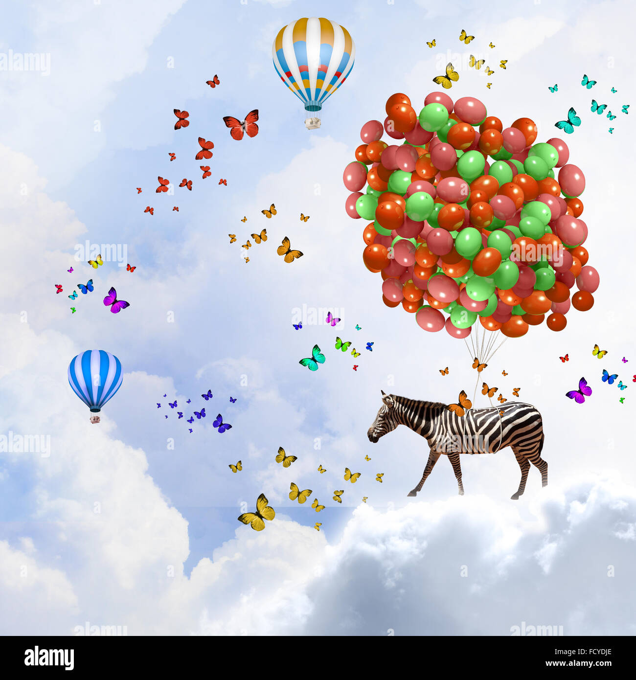 Fantasy image of zebra flying in sky on bunch of colorful balloons ...