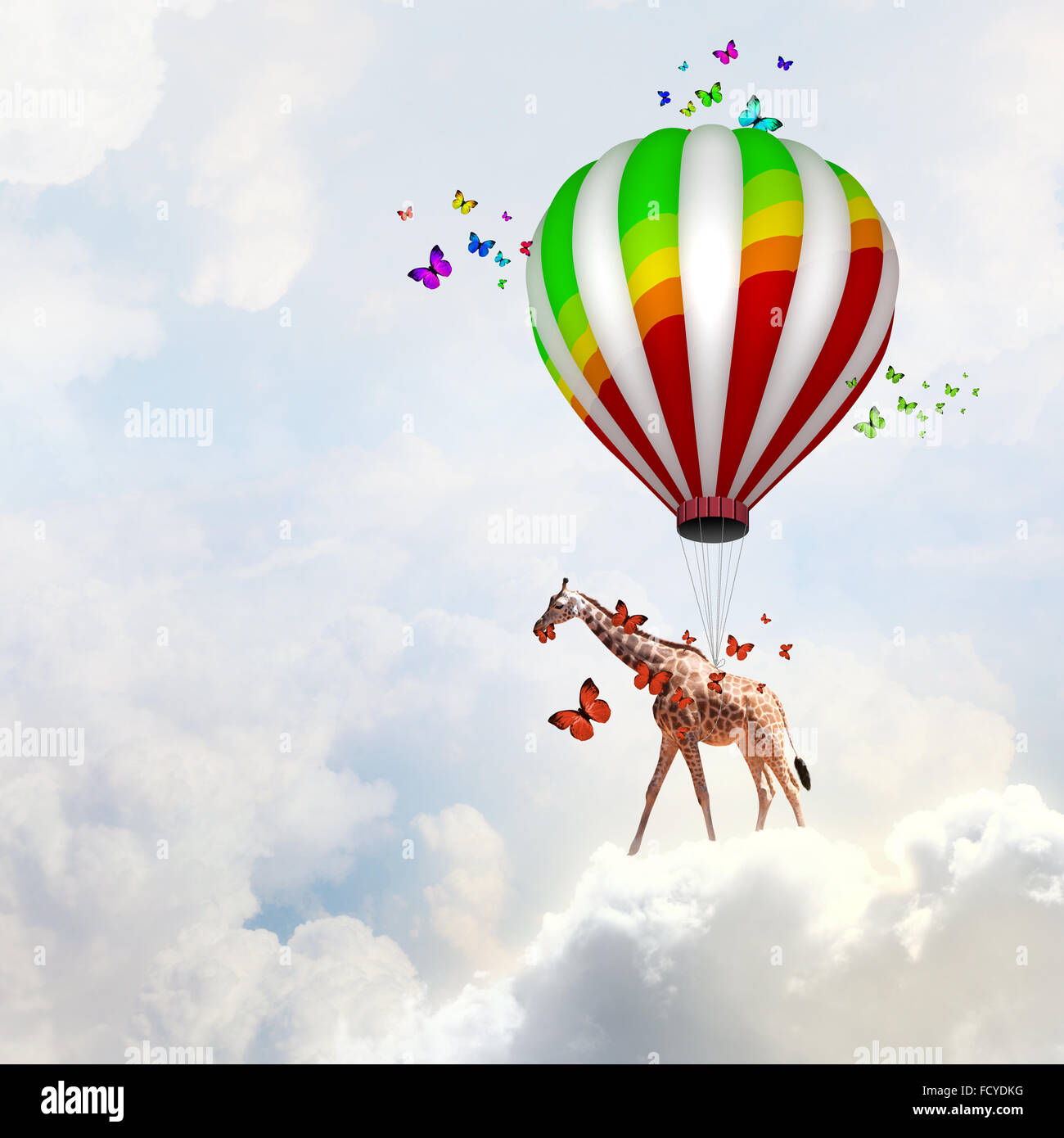 Giraffe flying high in sky on colorful aerostat Stock Photo - Alamy
