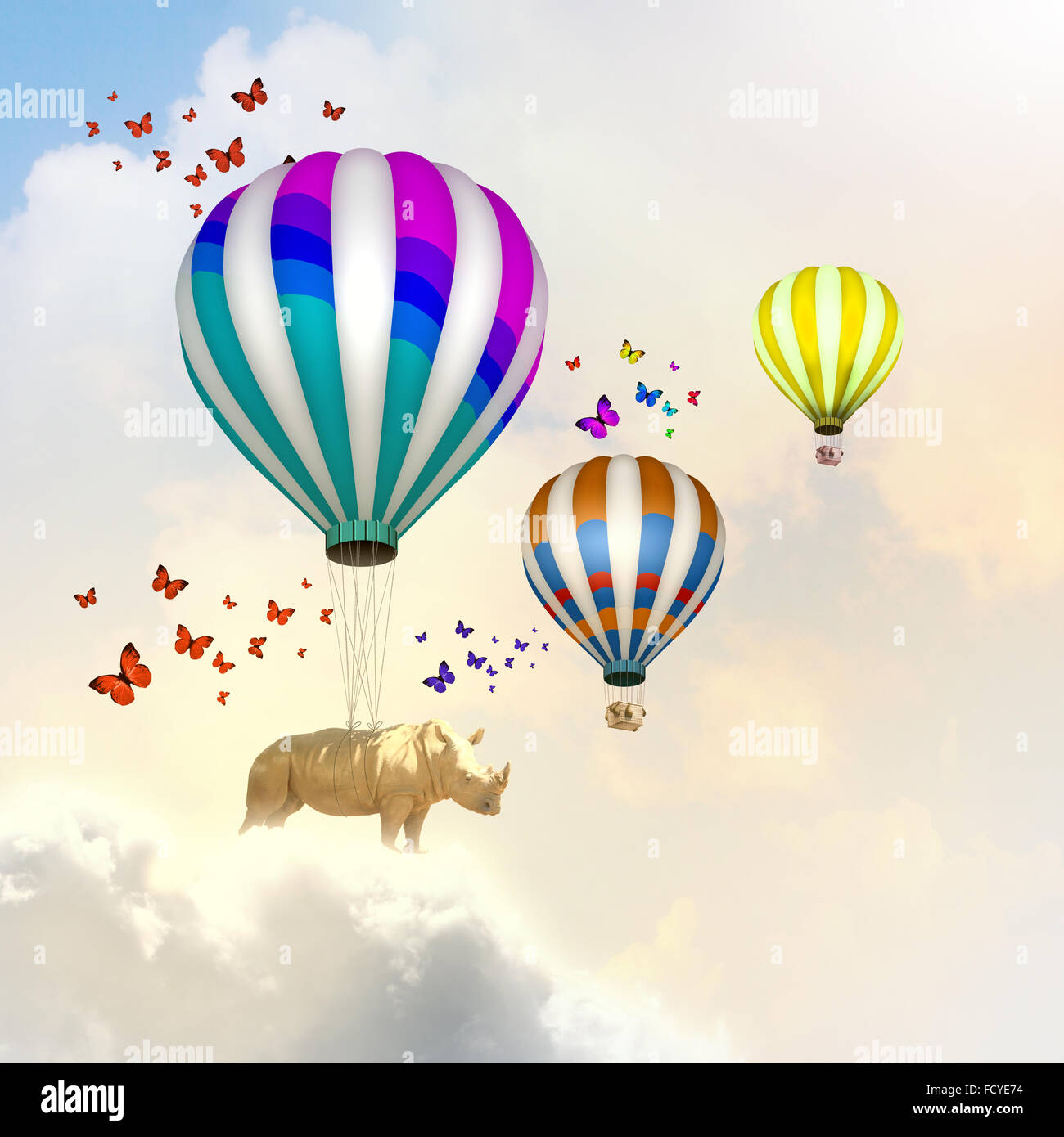 Rhino flying high in sky on colorful aerostat Stock Photo - Alamy