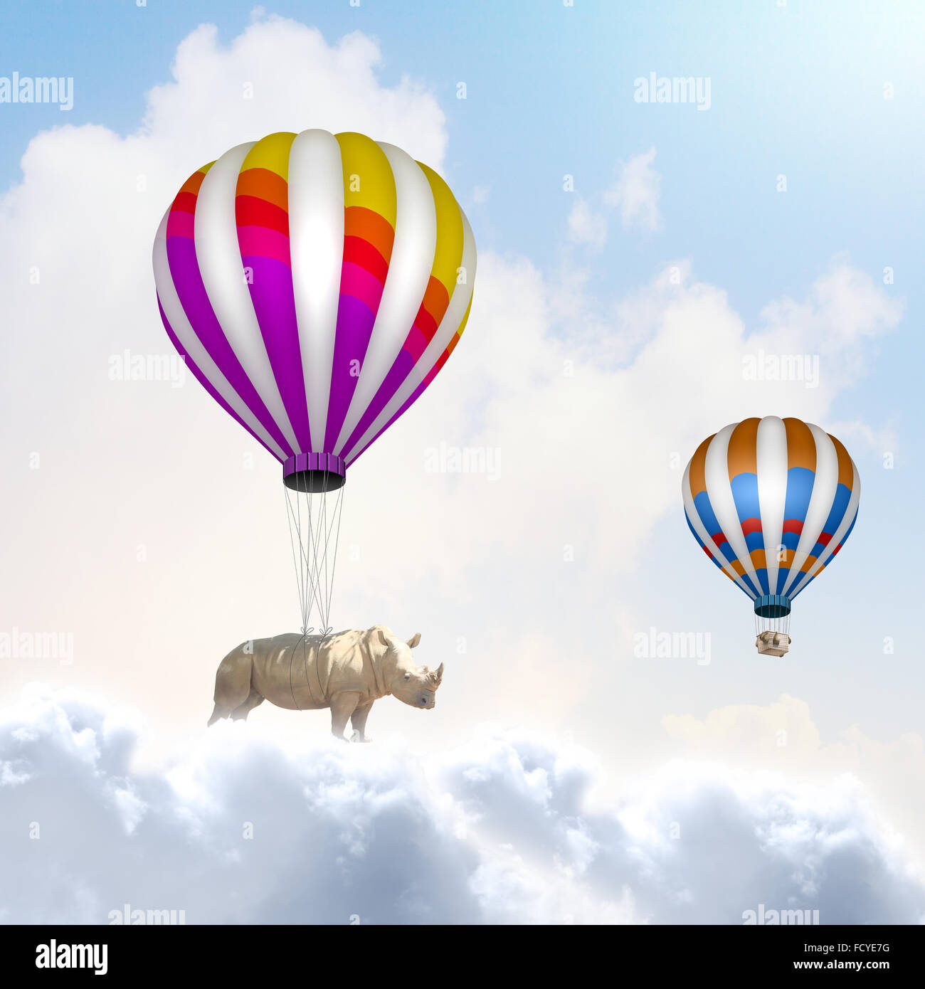 Rhino flying high in sky on colorful aerostat Stock Photo - Alamy