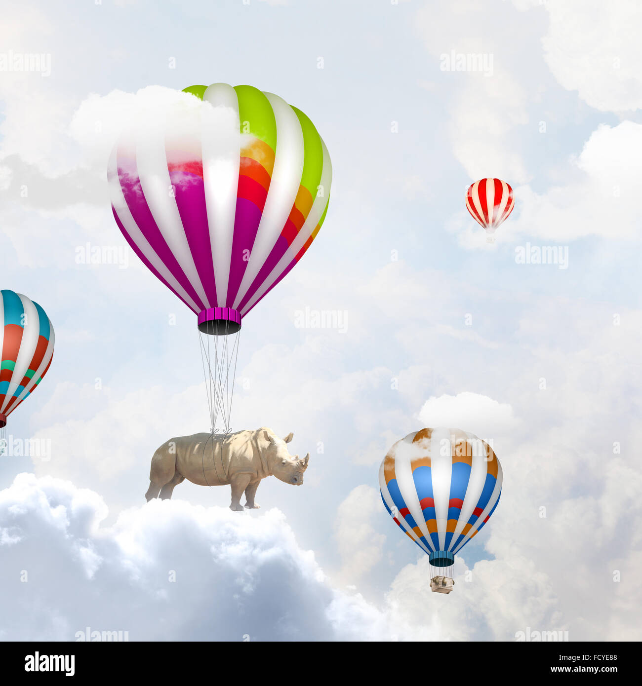 Rhino flying high in sky on colorful aerostat Stock Photo - Alamy
