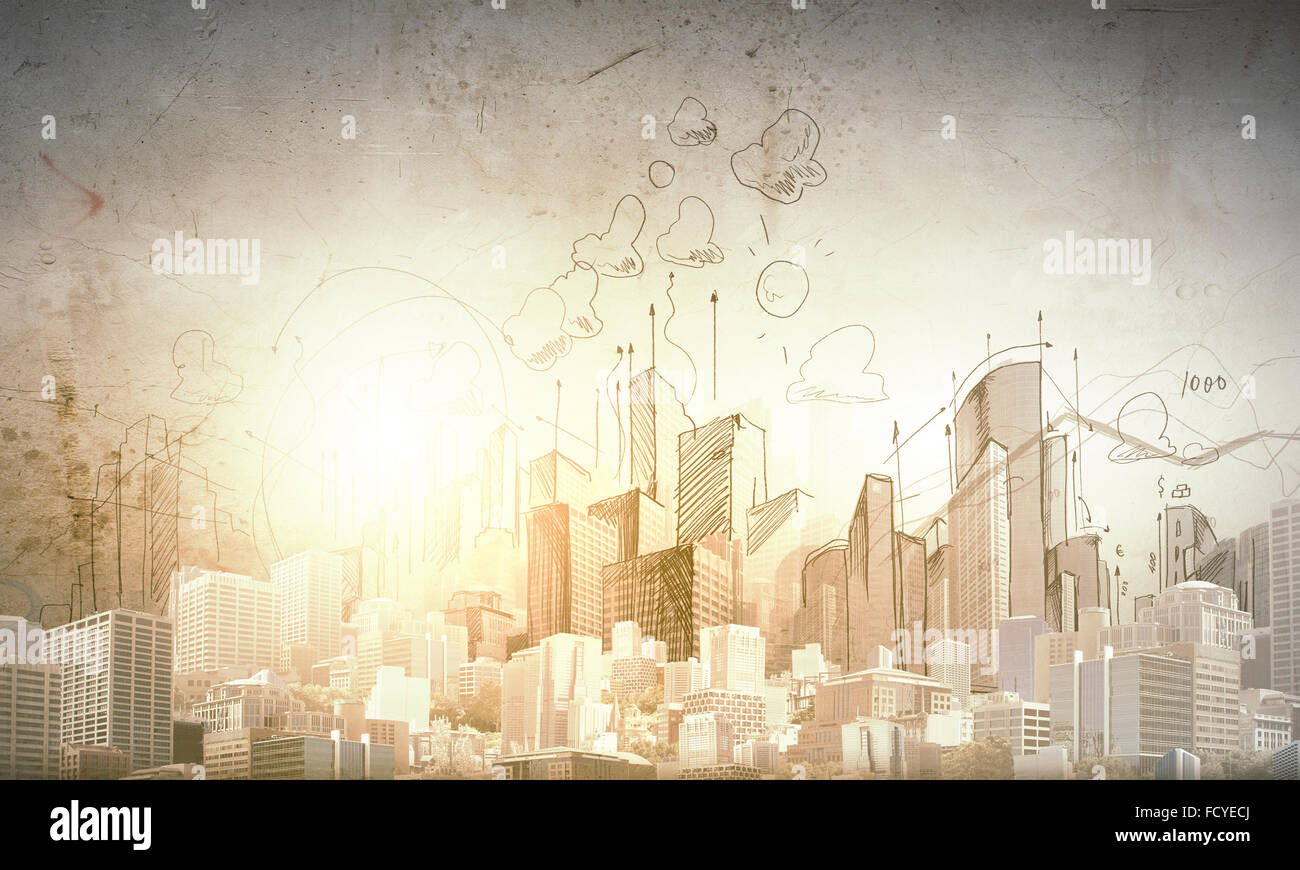 Background image with urban construction sketch on white background ...