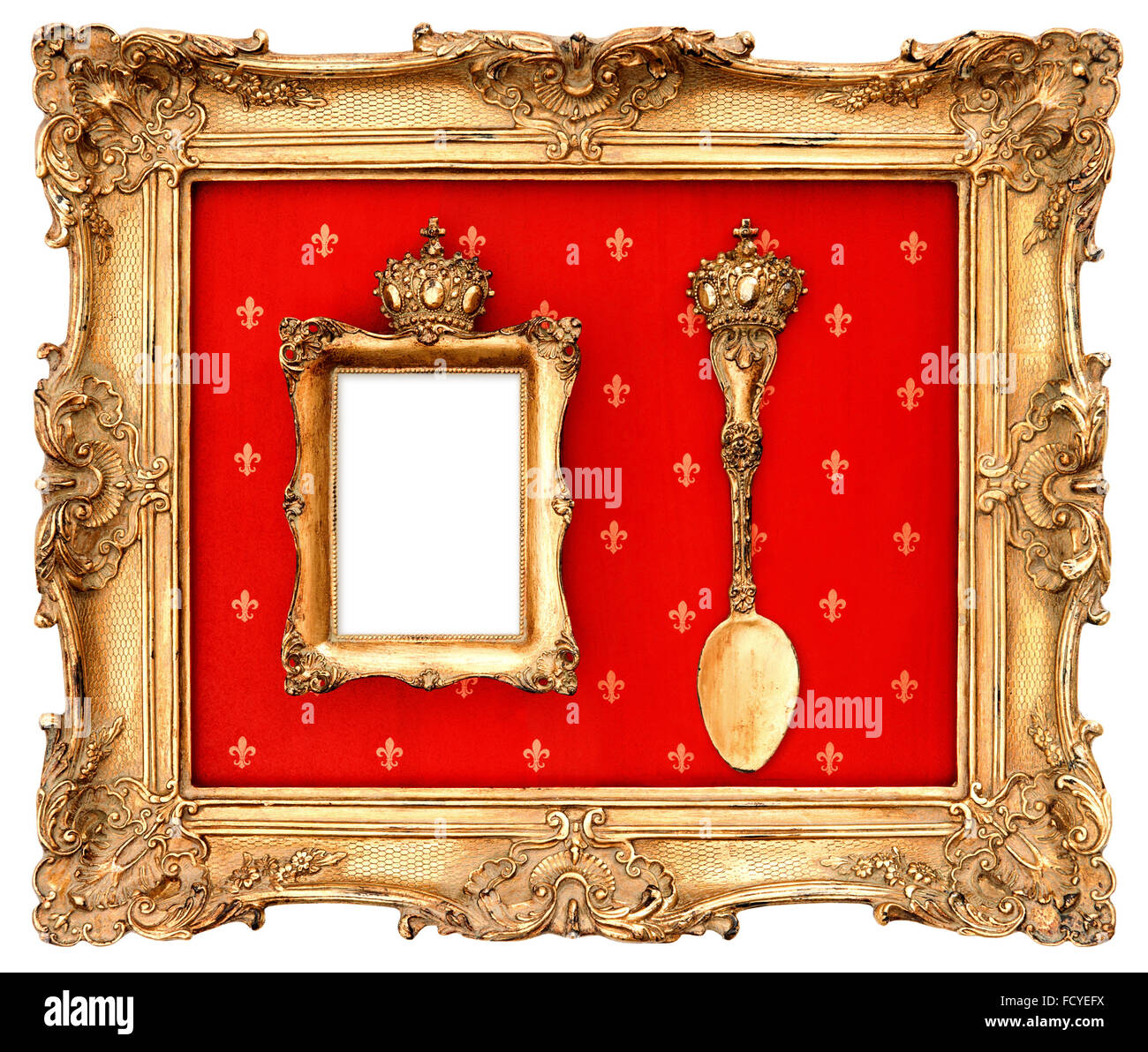 Golden frame with red background and space for your picture. Veautiful ...