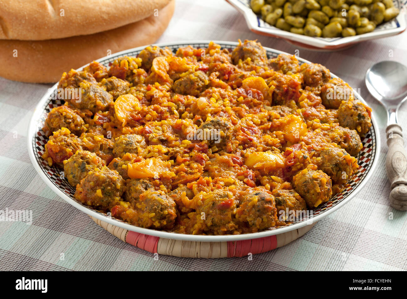 Traditional Moroccan dish with kefta sardines and broad beans Stock ...