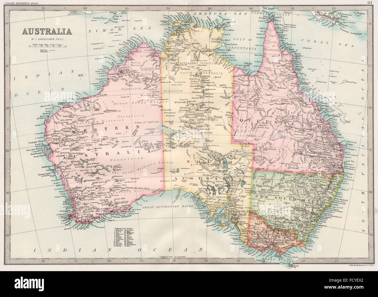 AUSTRALIA: showing explorers' routes. BARTHOLOMEW, 1890 antique map ...