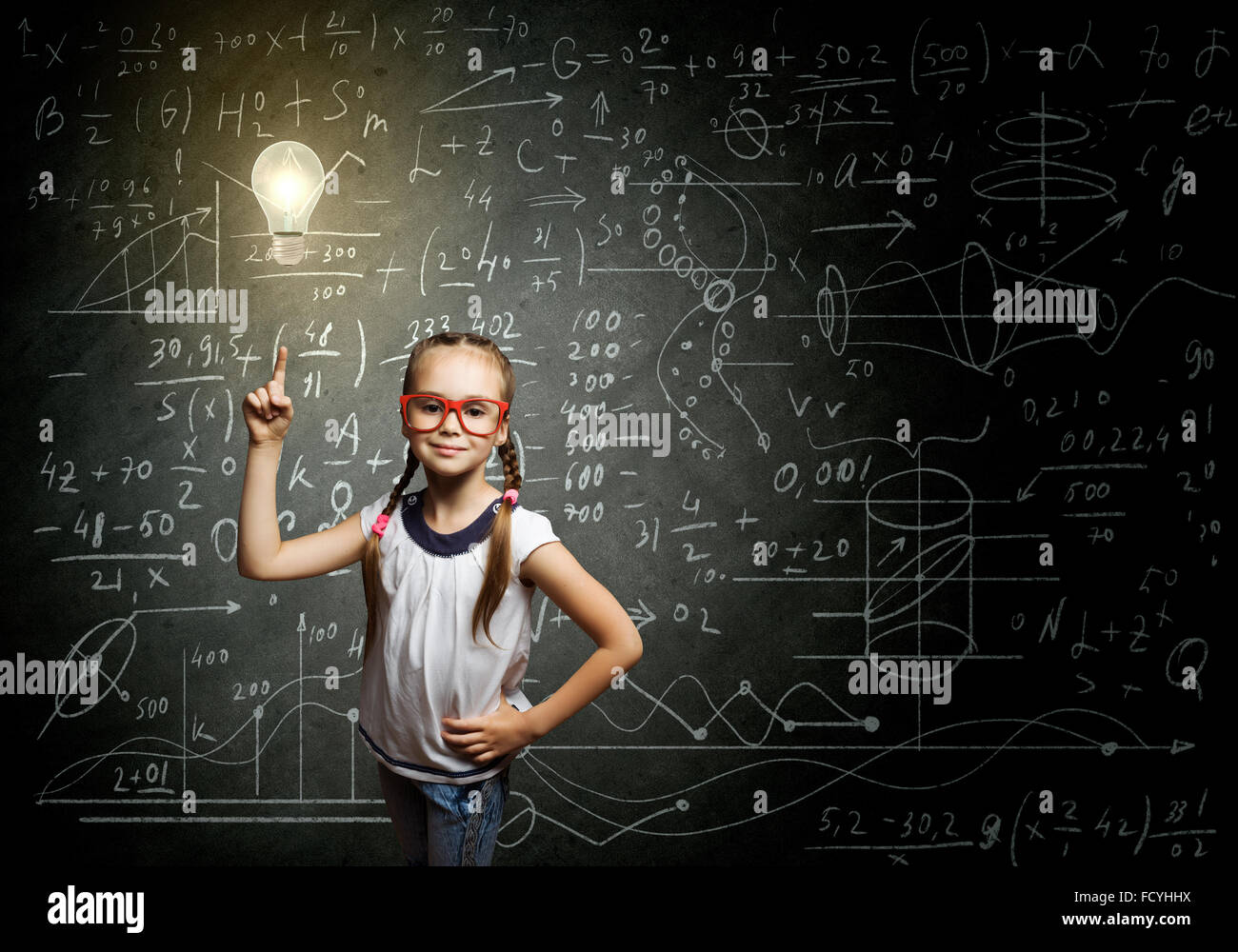 Genius girl in red glasses near blackboard with formulas Stock Photo ...