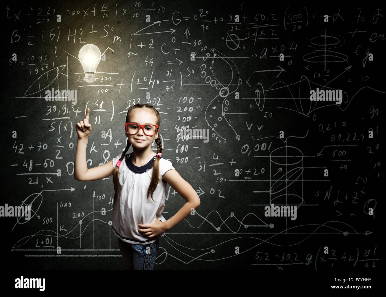Genius girl in red glasses near blackboard with formulas Stock Photo ...