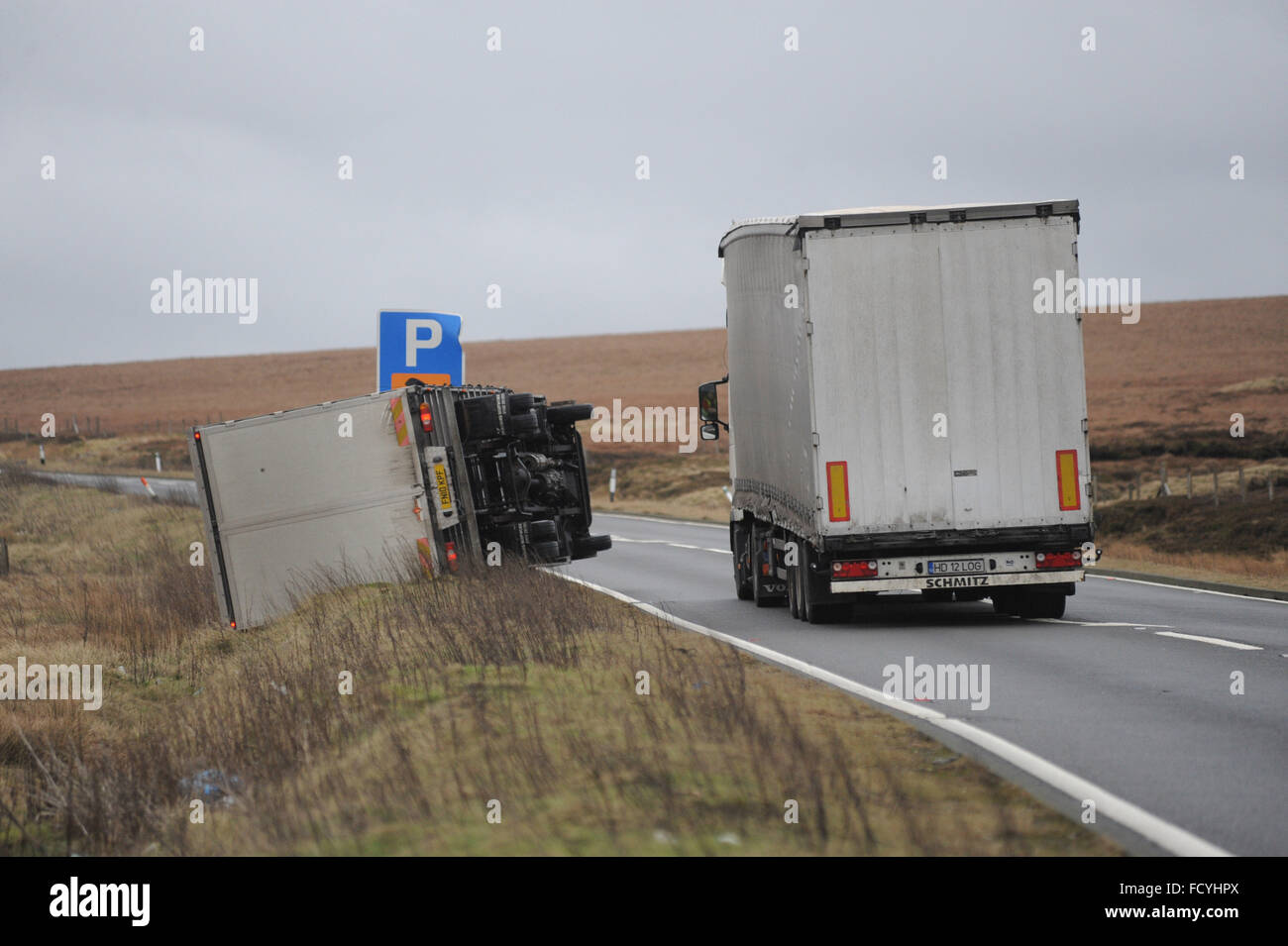 A Lorry blown over in strong winds on the A628 Woodhead Pass, near ...