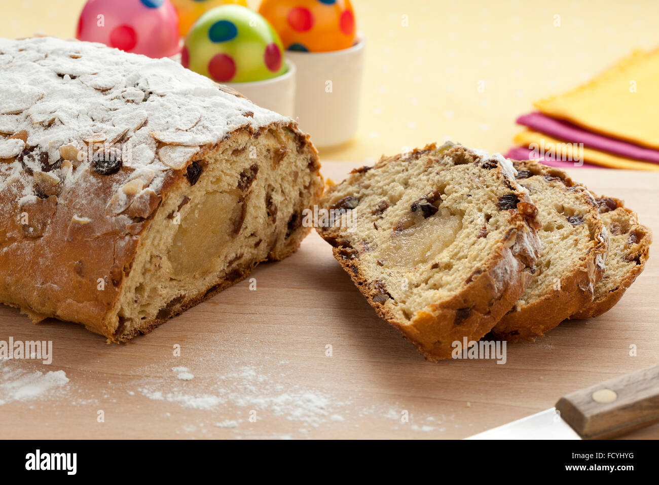 Traditional whole dutch easter bread covered with sugar and easter eggs ...
