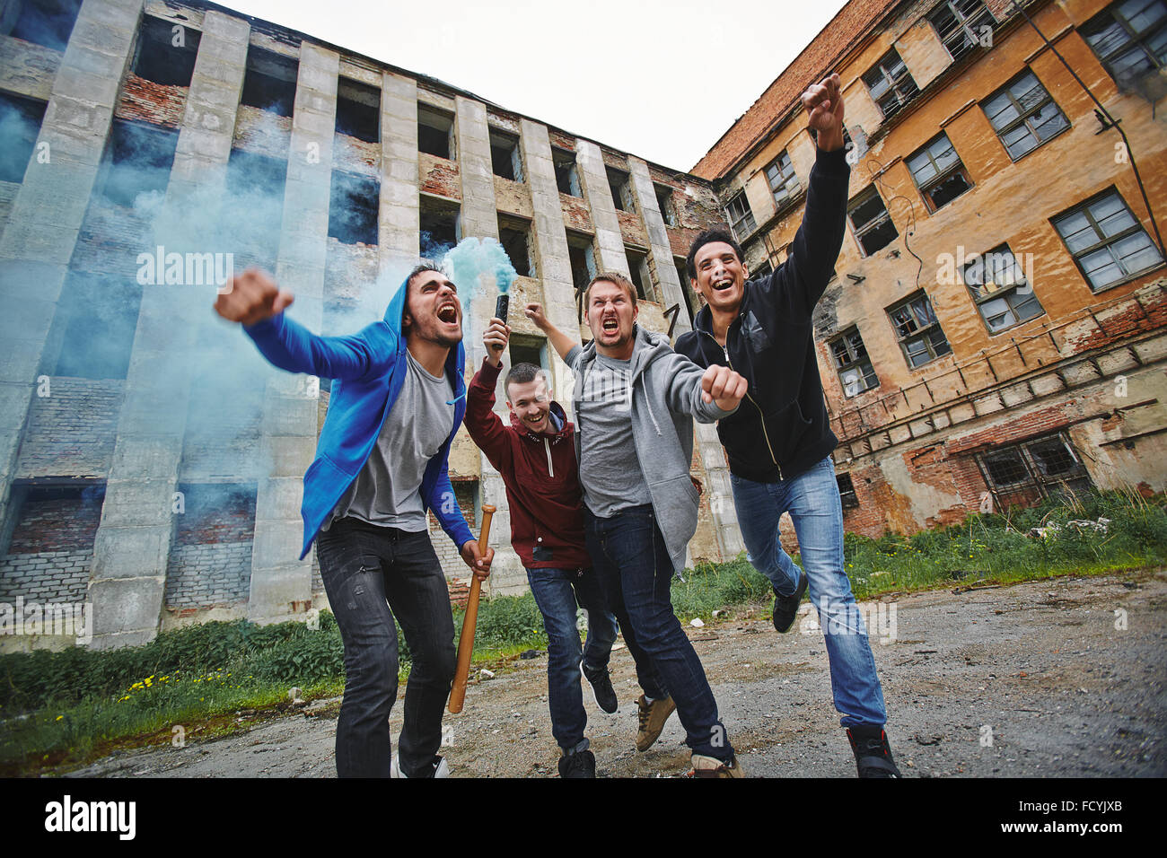 Group of hooligans with dangerous explosives Stock Photo - Alamy