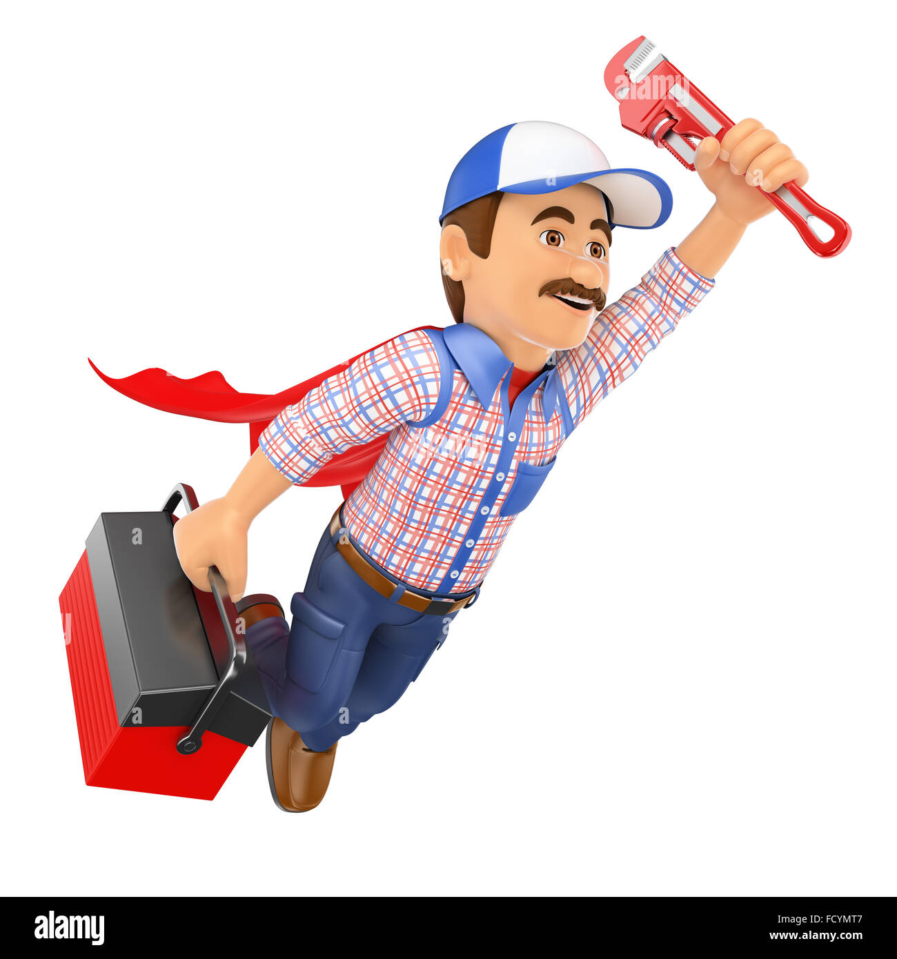 3d working people. Super Plumber flying with toolbox and pipe wrench ...