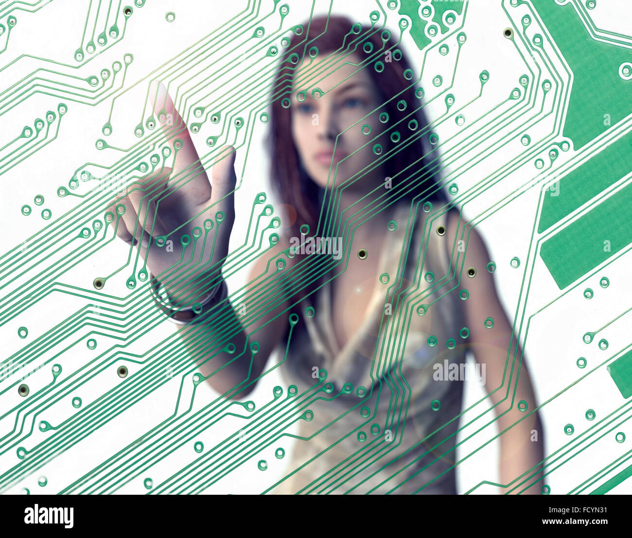 woman pressing virtual computer screen with finger Stock Photo - Alamy