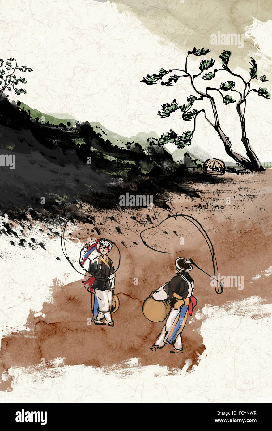 Ink-and-washing painting with traditional Korean dancers of Samulnori ...