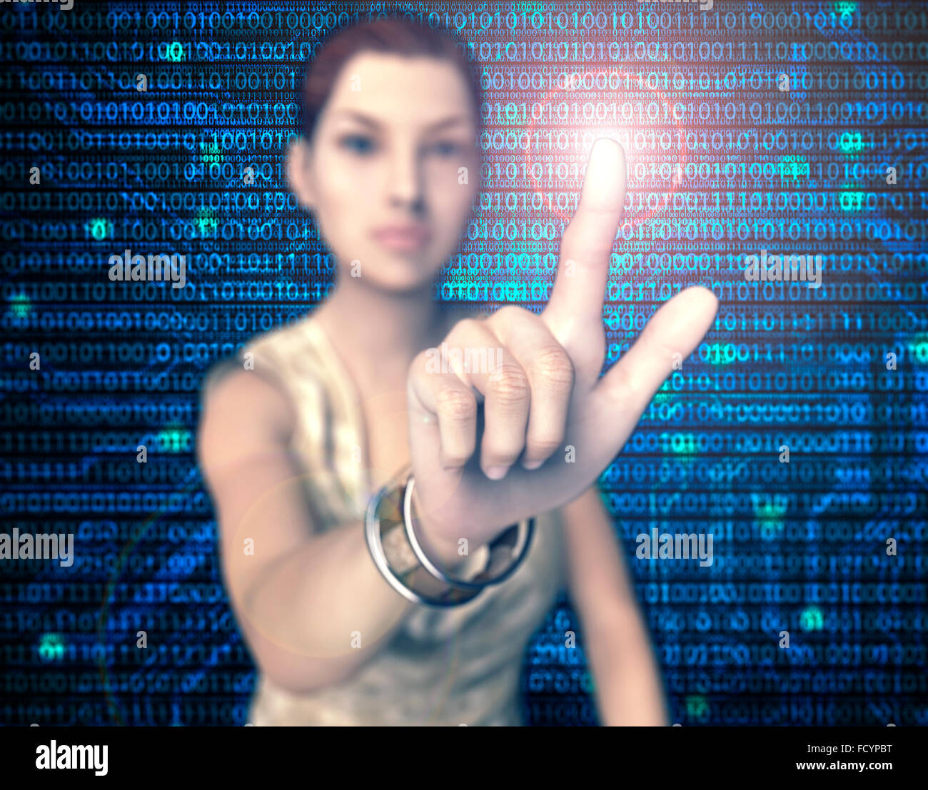 woman pressing virtual computer screen with finger Stock Photo - Alamy