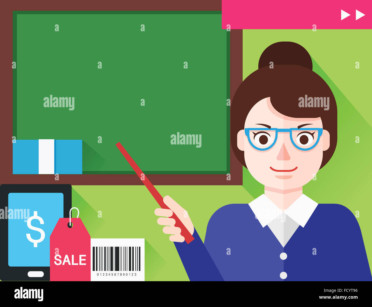 Portrait of teacher pointing to blackboard and sale tag, tablet and ...