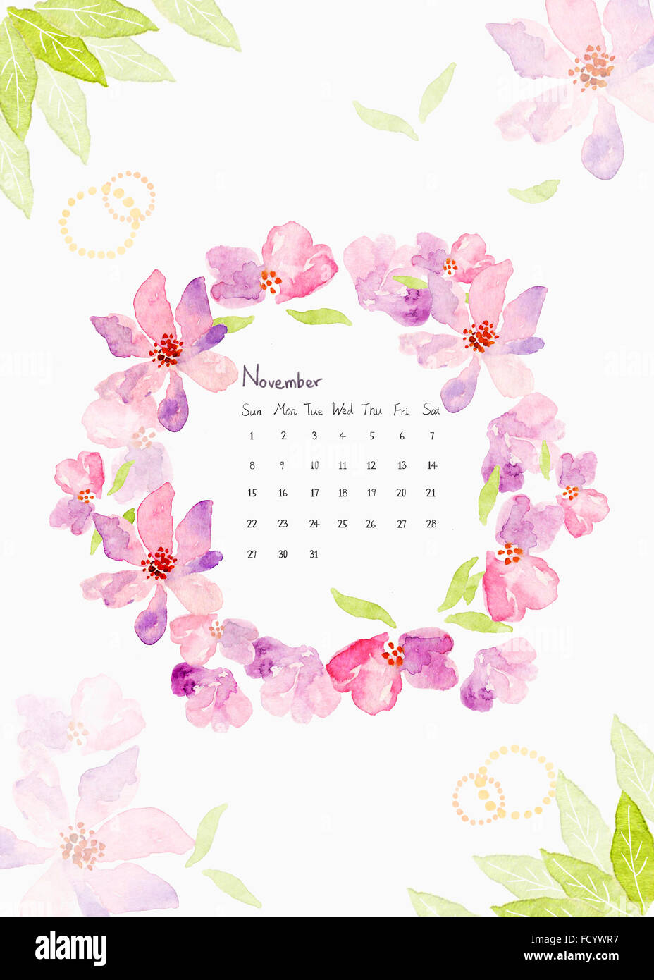 Background of calendar with watercolor flowers Stock Photo - Alamy