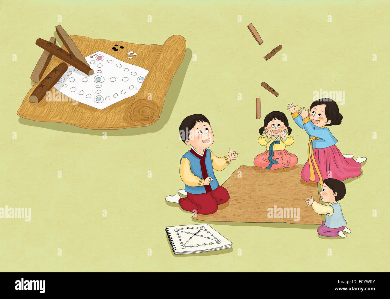 Family in traditional Korean clothes playing yut, traditonal Korean ...