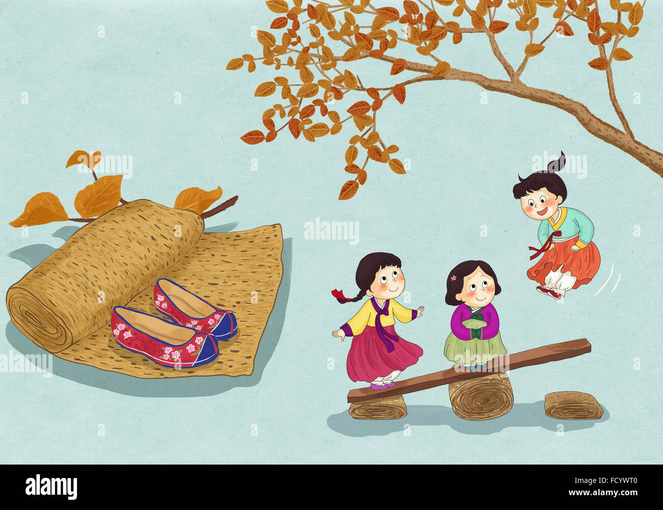 Girls in traditional Korean clothes playing neolttwigi, Korean jumping ...