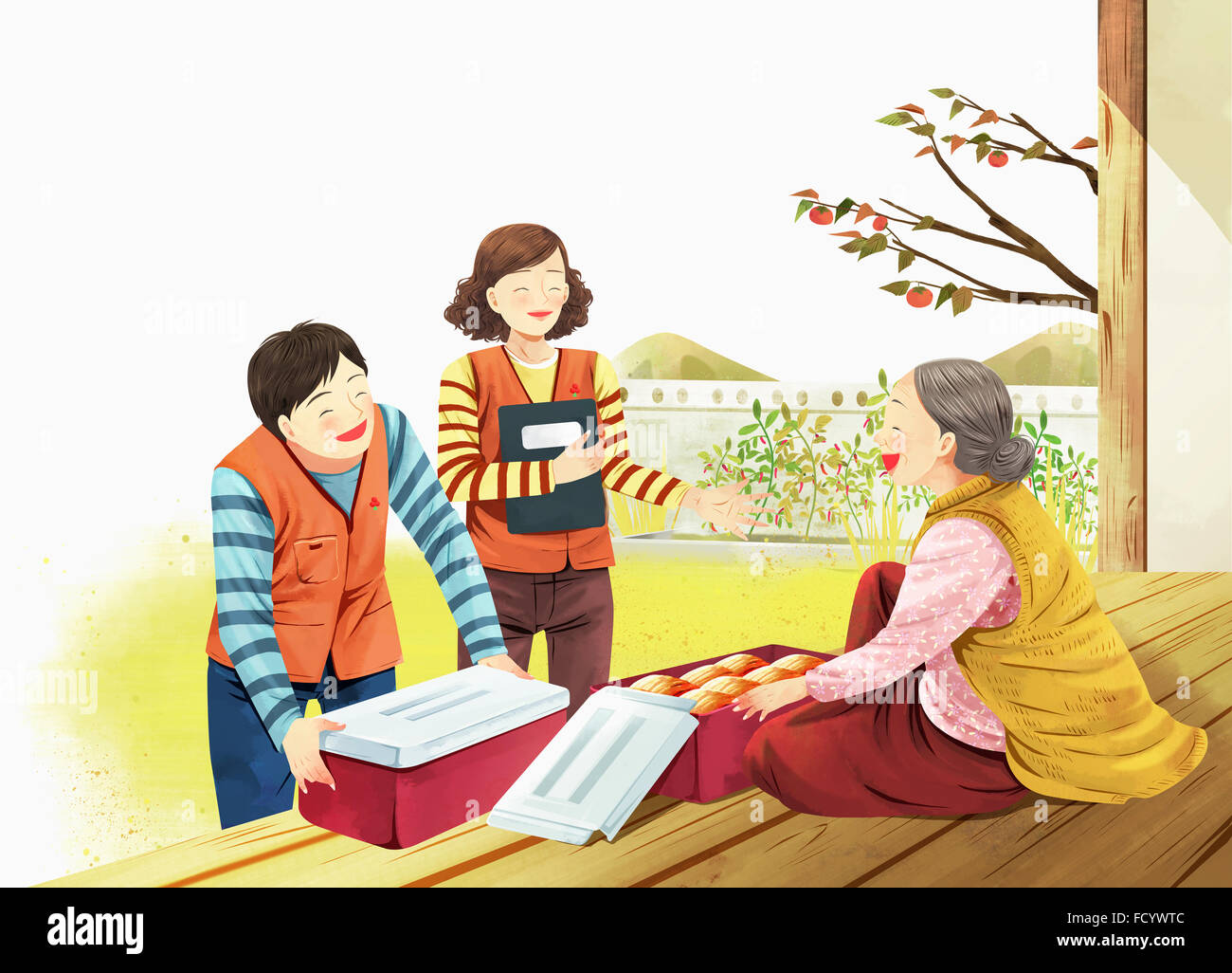 Smiling old woman and young volunteers with gimchi Stock Photo - Alamy