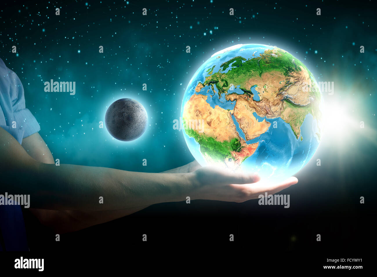 Close up of human hand holding Earth planet. Elements of this image are ...