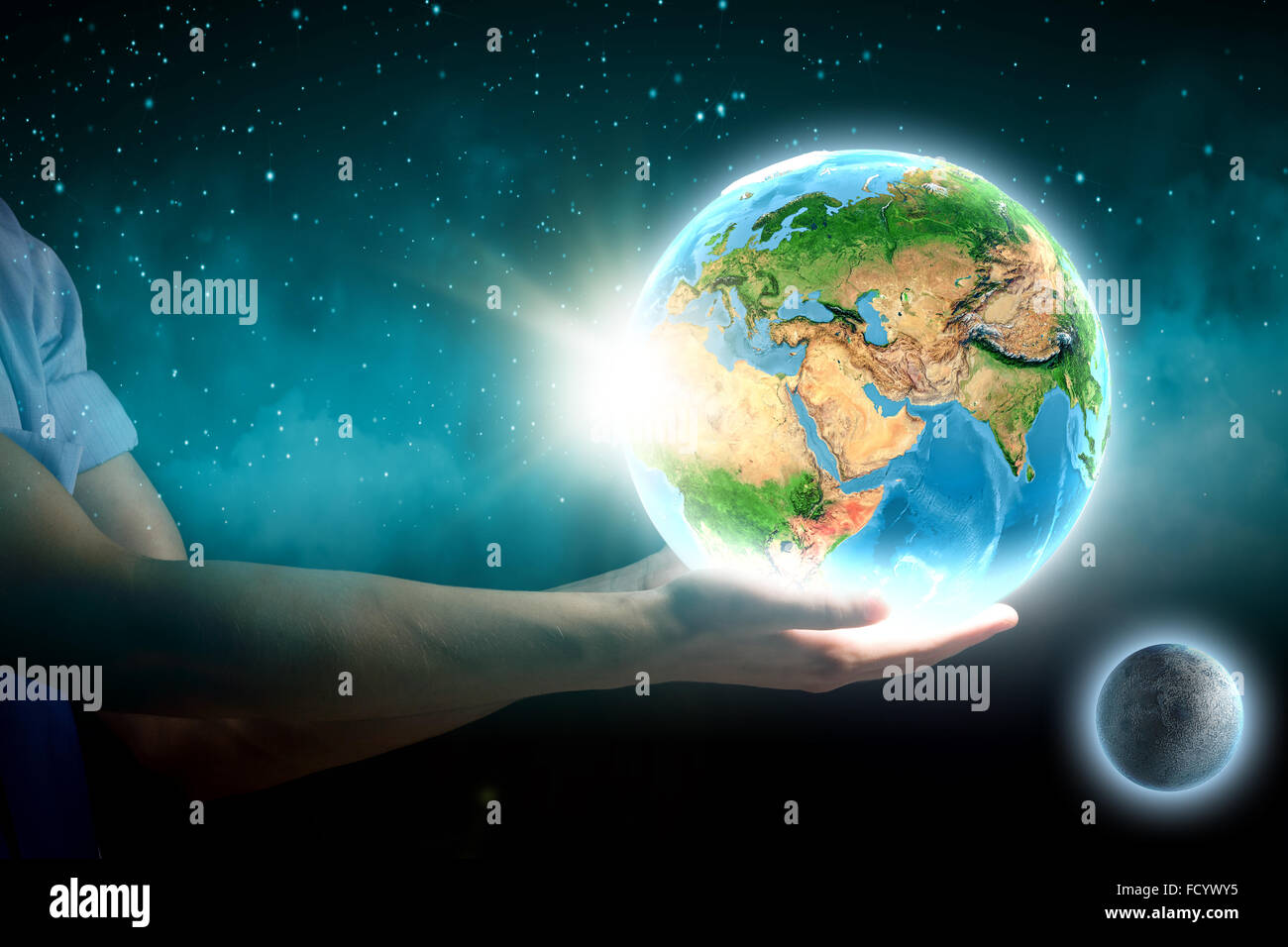 Close up of human hand holding Earth planet. Elements of this image are ...