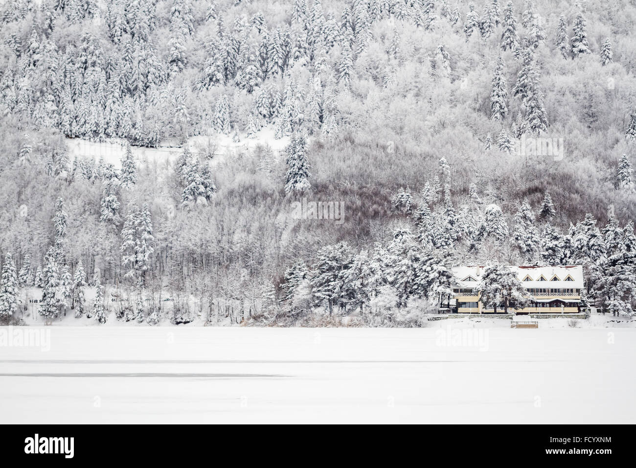 Winter view of a chalet motel near the lake of Abant Stock Photo - Alamy