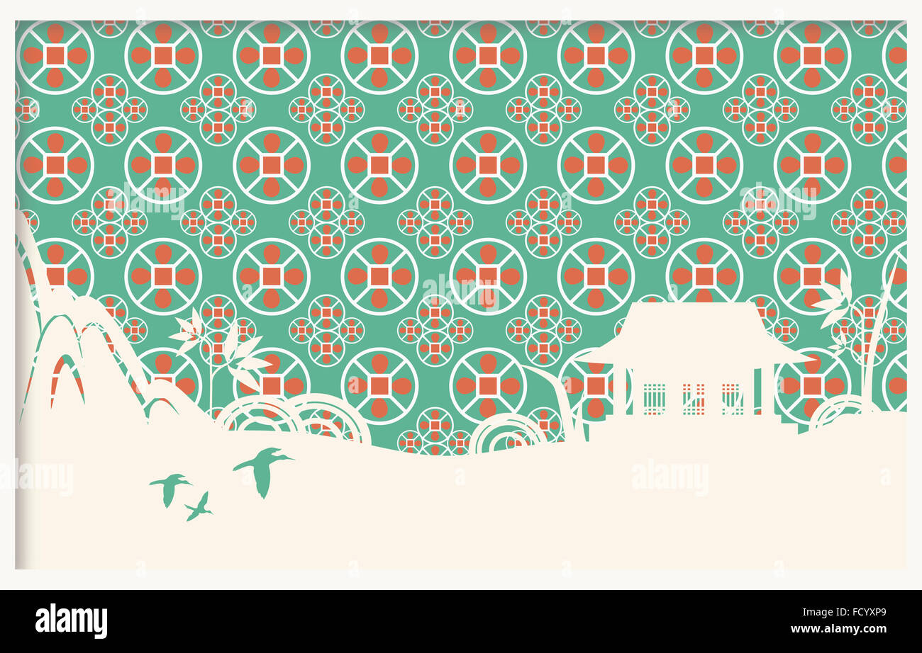 Traditional Korean pattern with structure, birds and flowers Stock ...