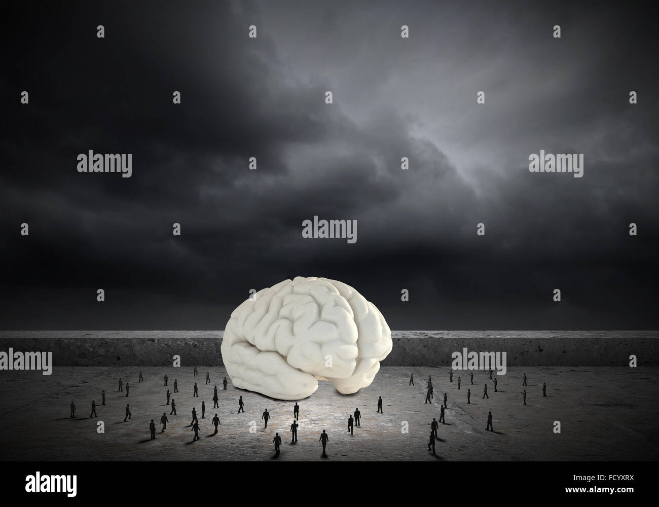 Huge human brain and many little businesspeople around Stock Photo - Alamy