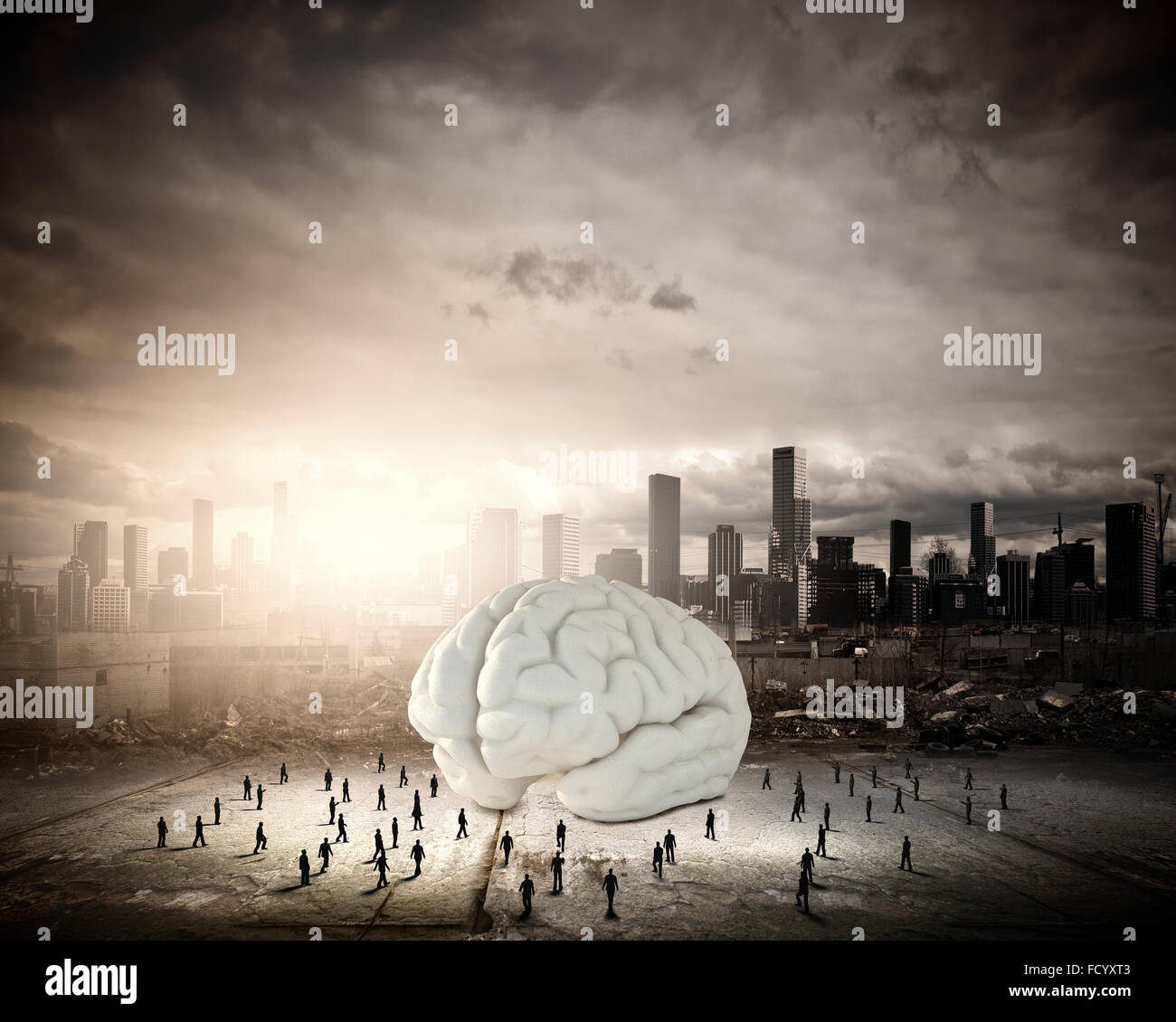 Huge human brain and many little businesspeople around Stock Photo - Alamy