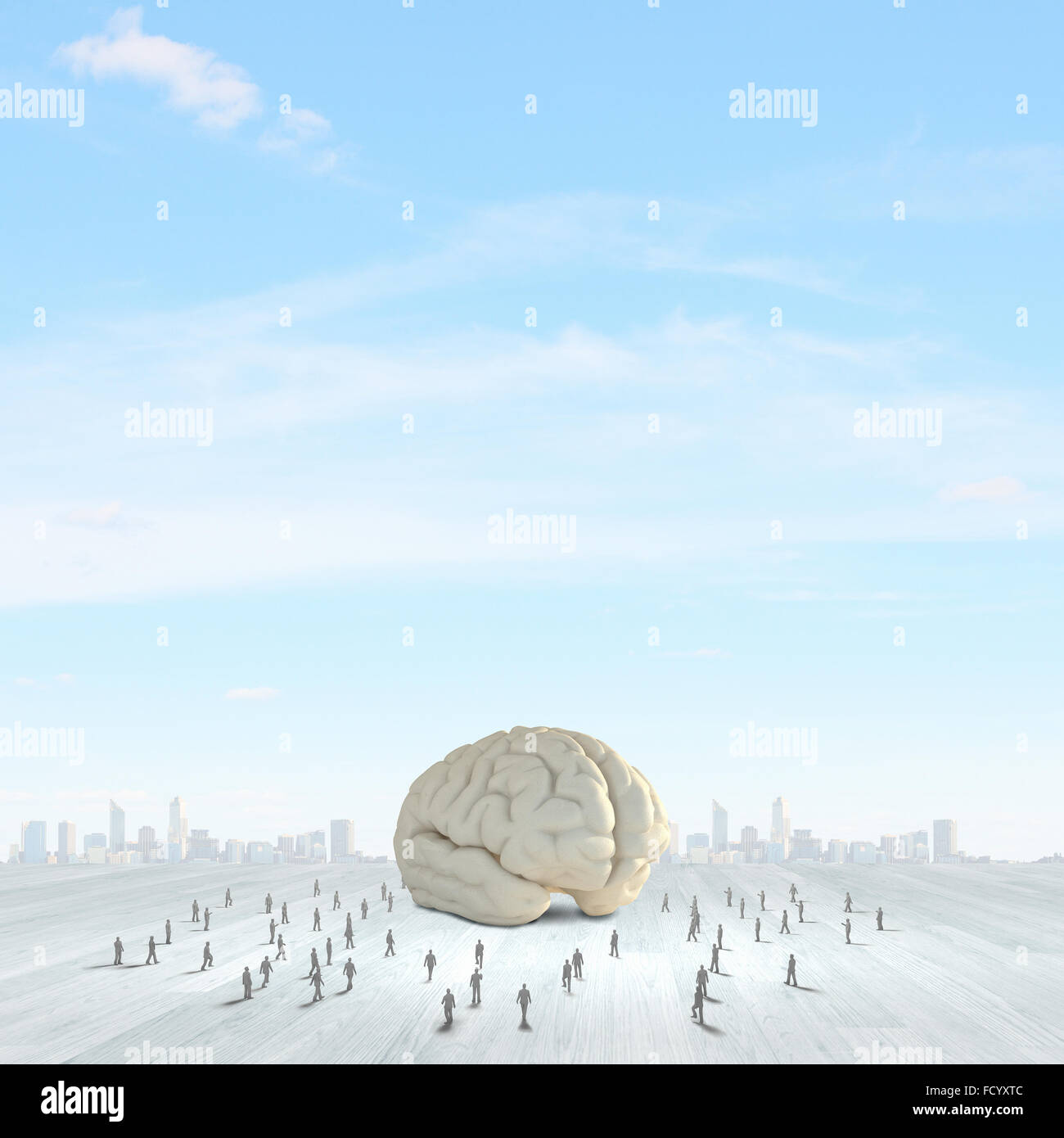 Huge human brain and many little businesspeople around Stock Photo - Alamy