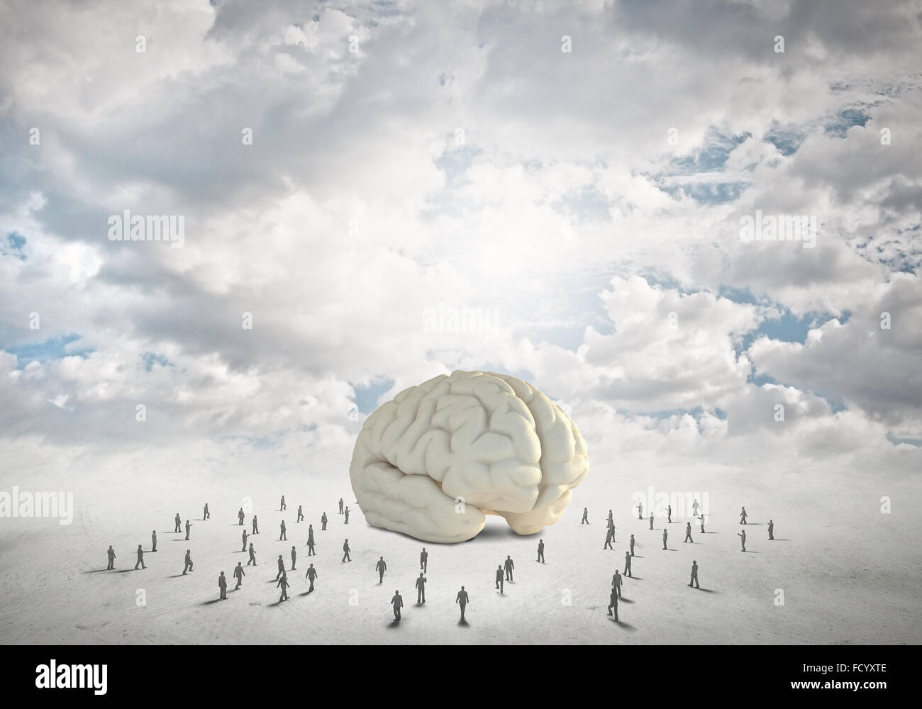 Huge human brain and many little businesspeople around Stock Photo - Alamy