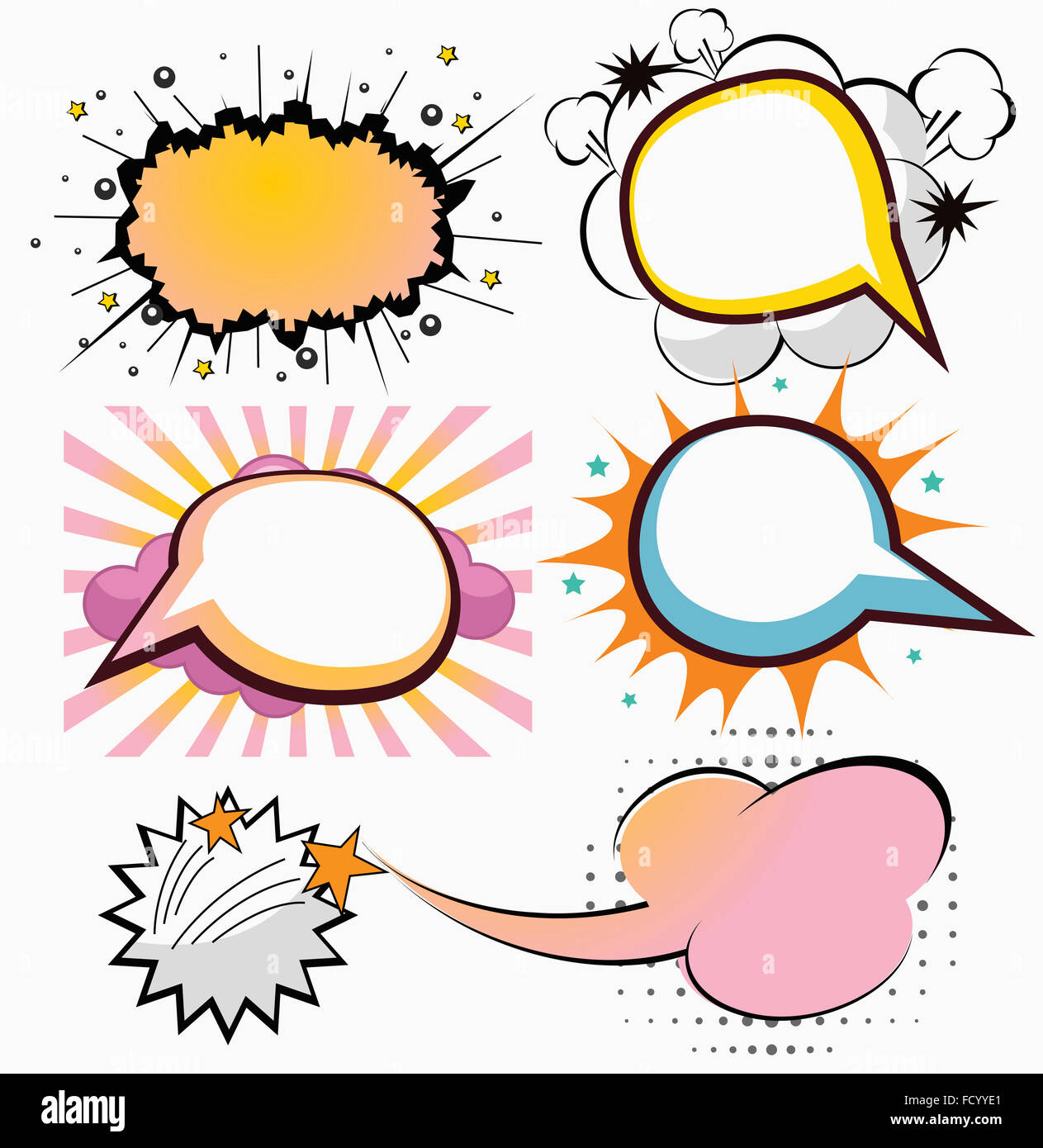 Various speech balloons with exploding ones Stock Photo - Alamy