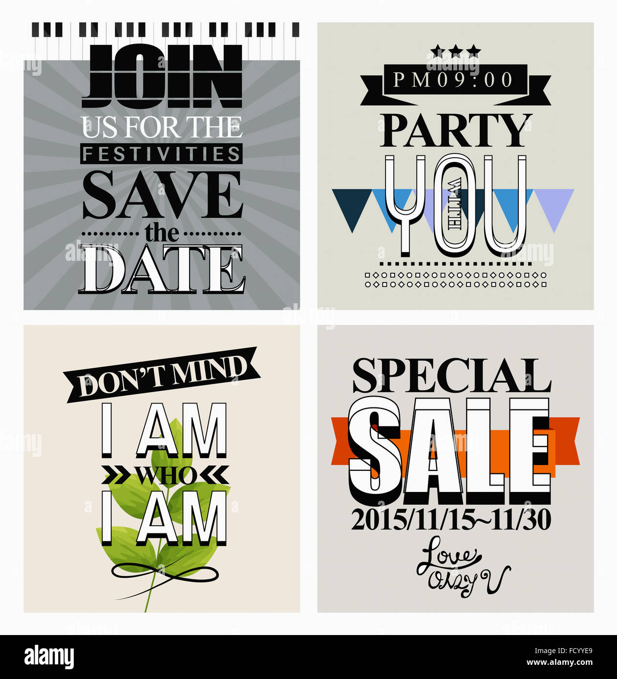 Posters with typographic texts and illustrations Stock Photo - Alamy