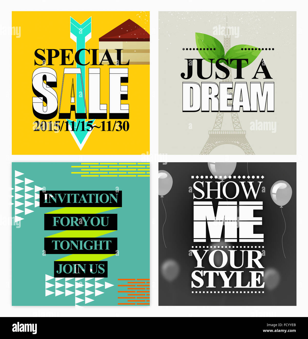 Posters with typographic texts and illustrations Stock Photo - Alamy