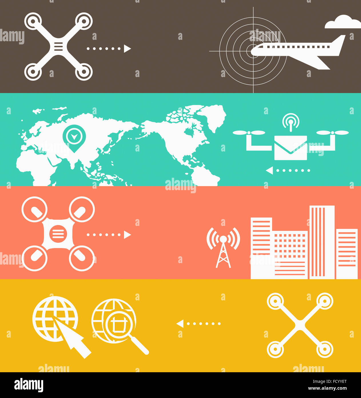 Drones with airplane, world map, buildings and globes Stock Photo - Alamy