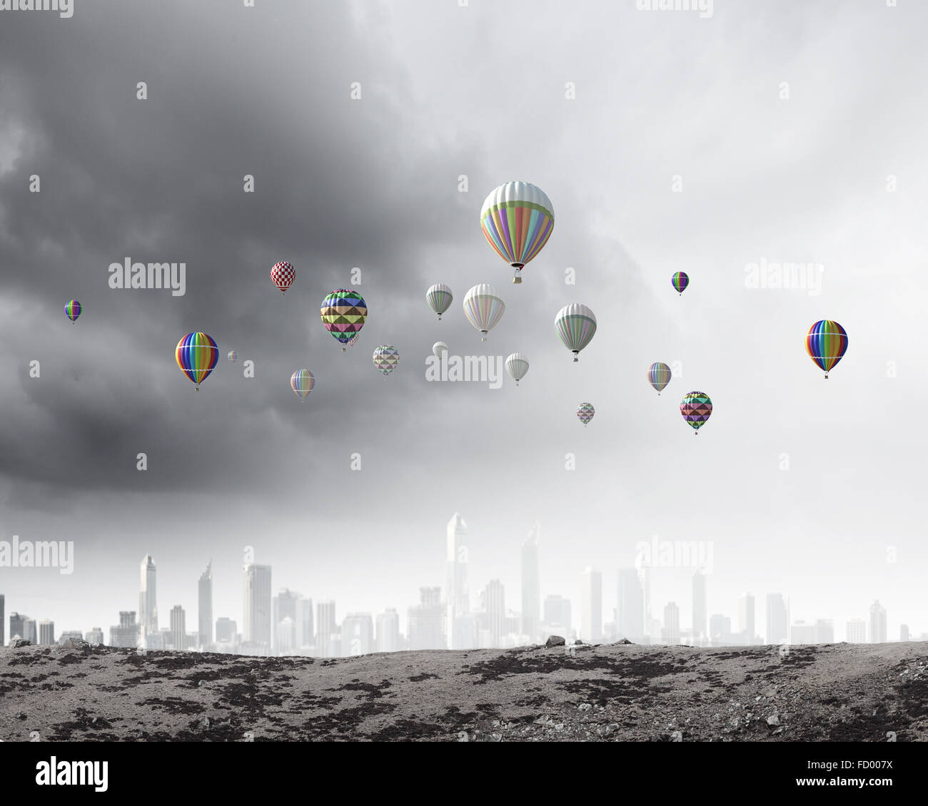 Conceptual image with colorful balloons flying high in sky Stock Photo ...