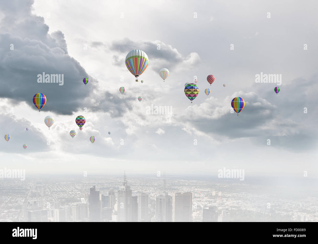 Conceptual image with colorful balloons flying high in sky Stock Photo ...