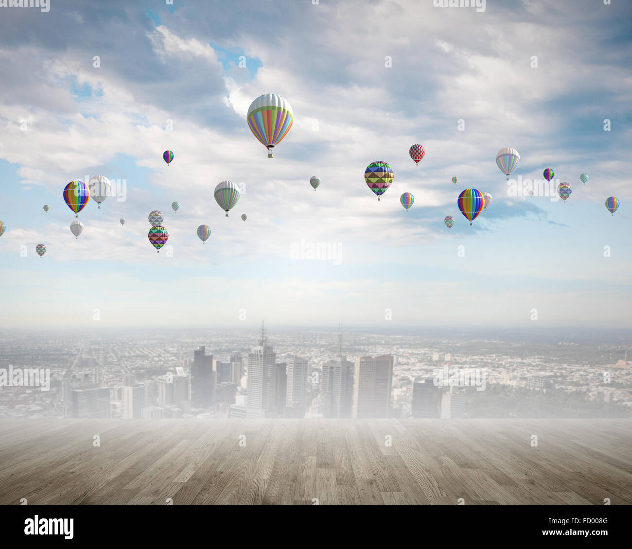 Conceptual image with colorful balloons flying high in sky Stock Photo ...