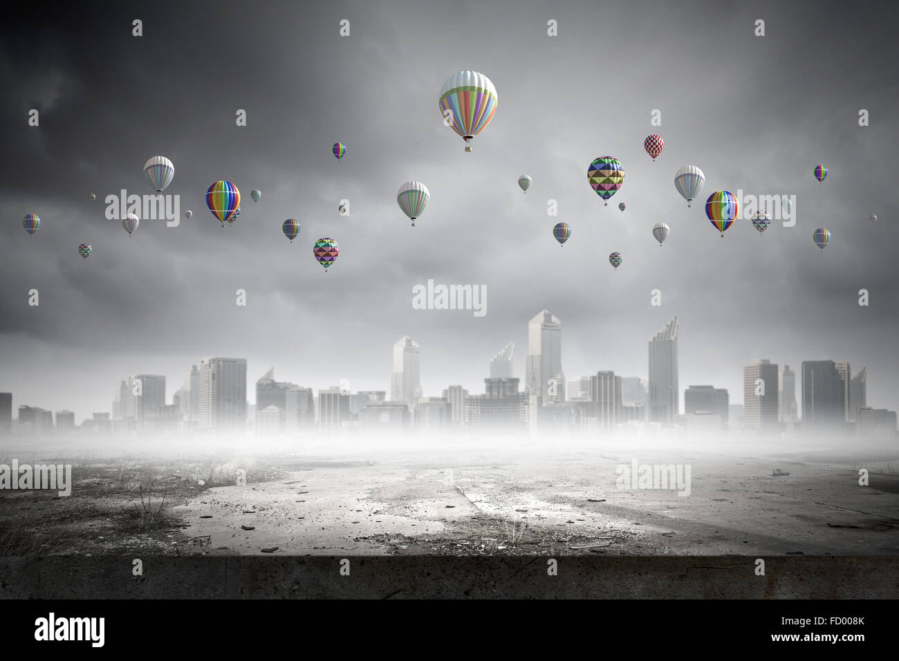 Conceptual image with colorful balloons flying high in sky Stock Photo ...