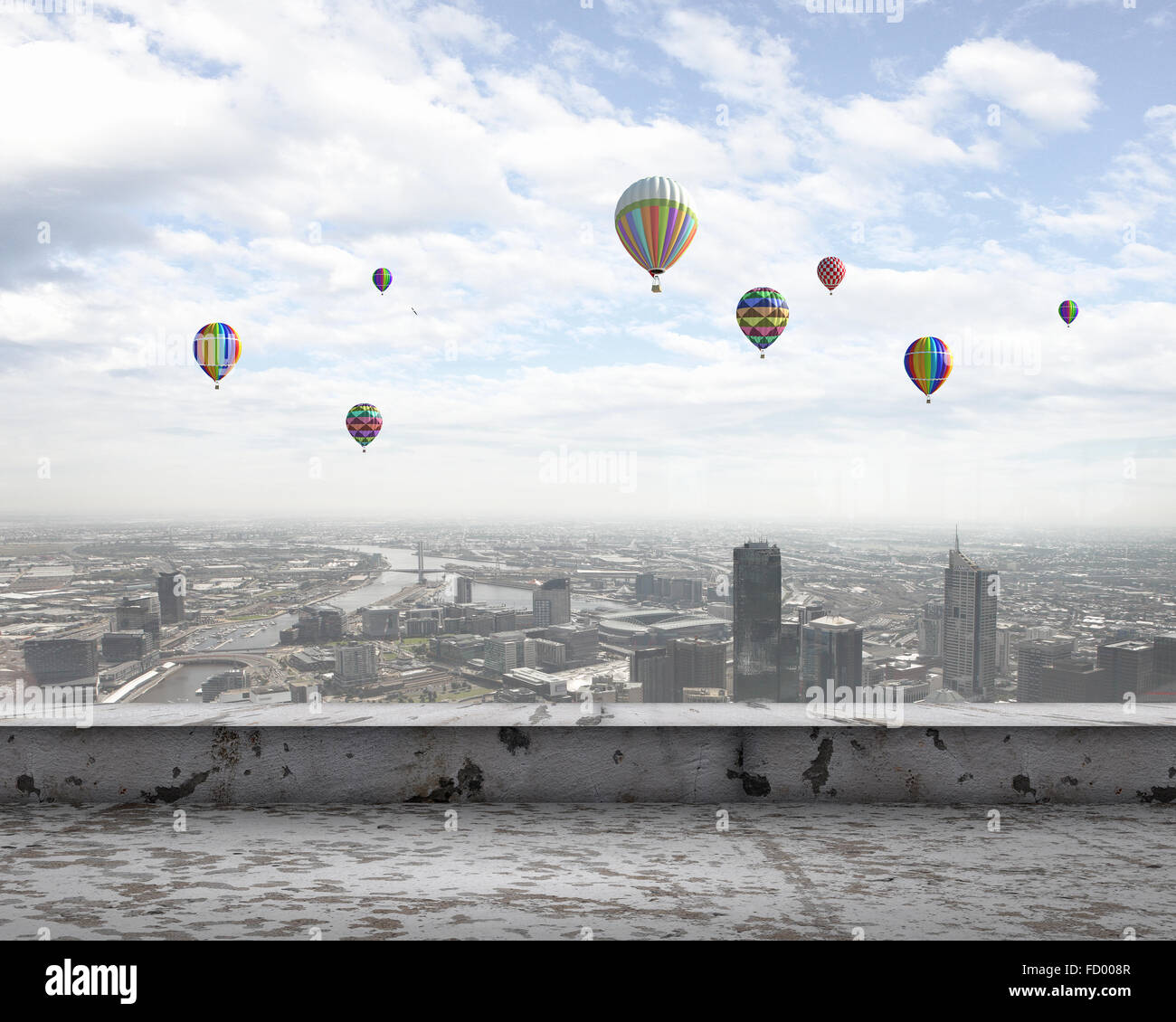 Conceptual image with colorful balloons flying high in sky Stock Photo ...