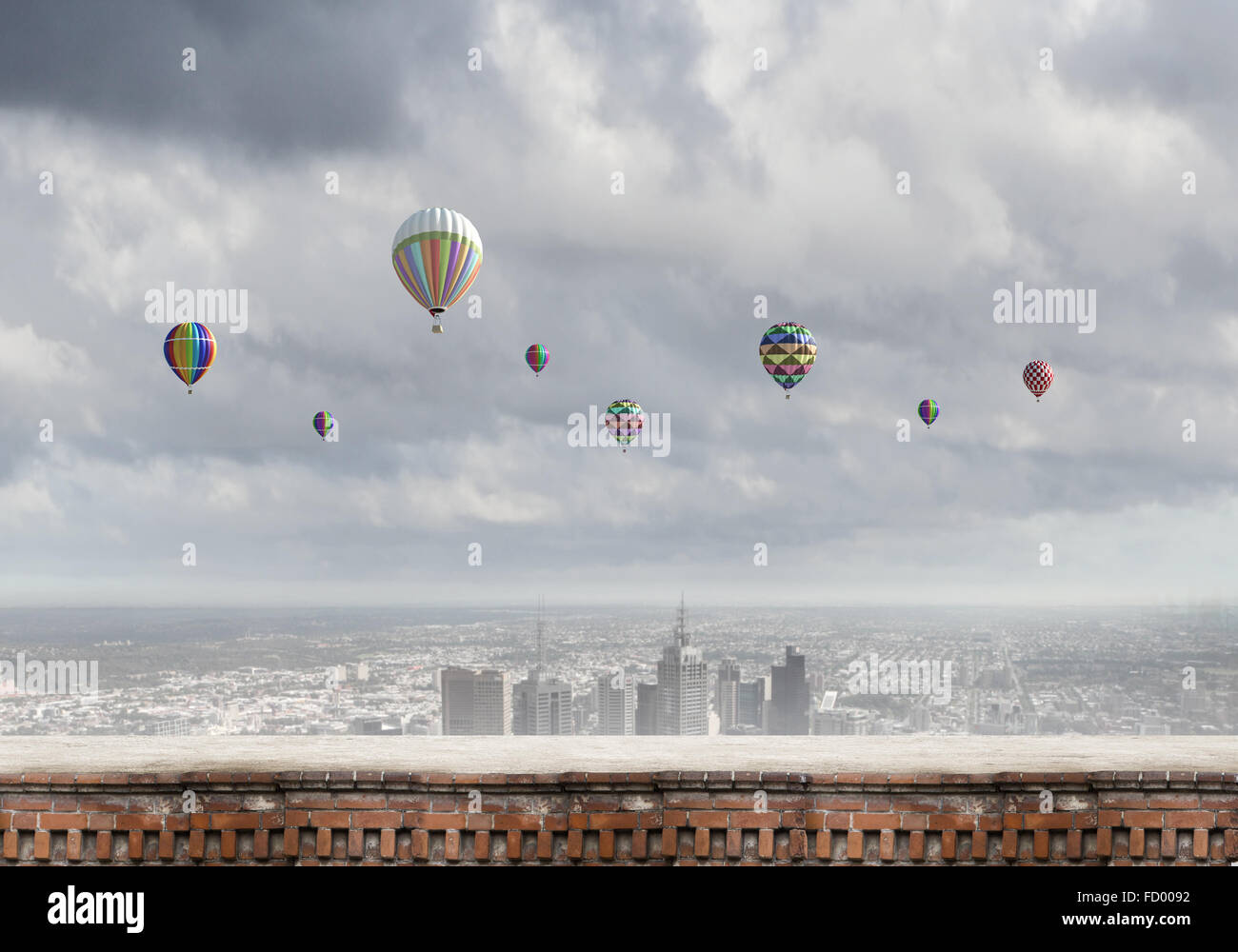 Conceptual image with colorful balloons flying high in sky Stock Photo ...