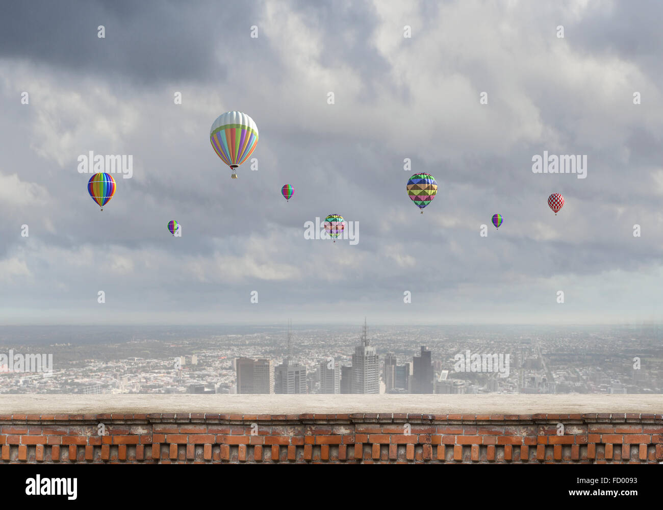 Conceptual image with colorful balloons flying high in sky Stock Photo ...