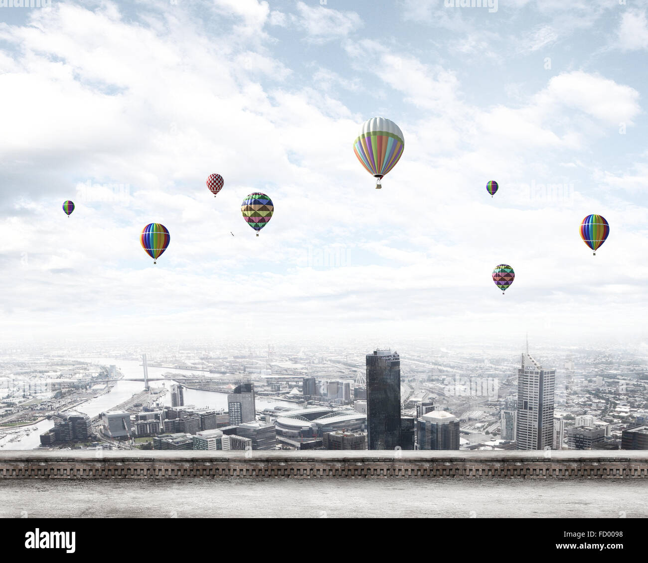 Conceptual image with colorful balloons flying high in sky Stock Photo ...
