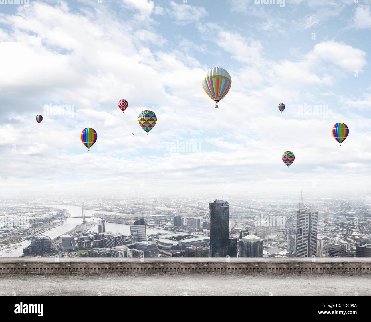 Conceptual image with colorful balloons flying high in sky Stock Photo ...