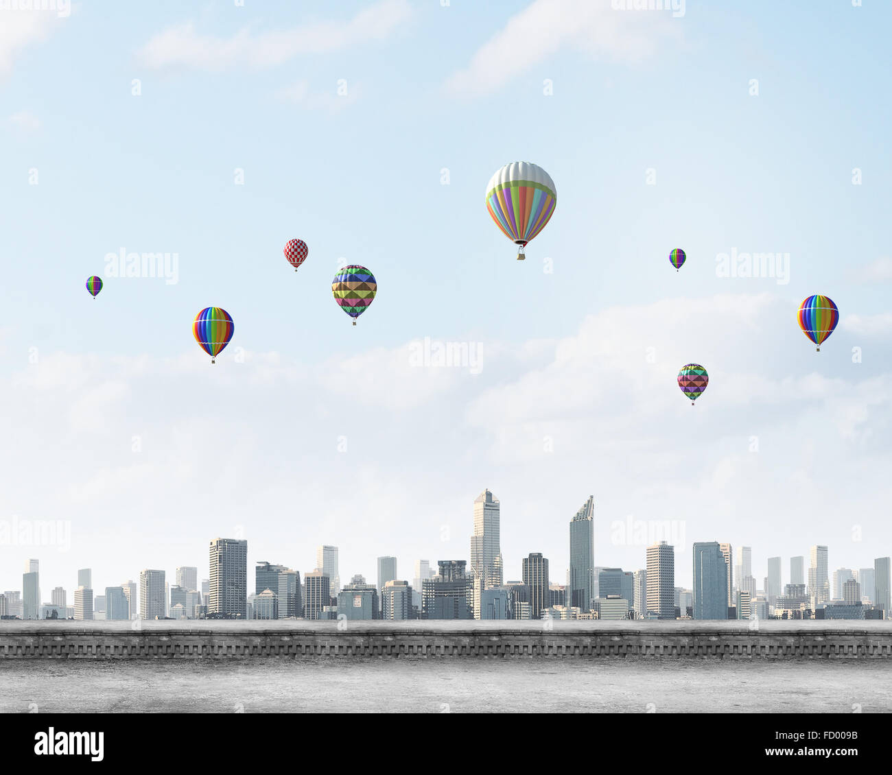 Conceptual image with colorful balloons flying high in sky Stock Photo ...
